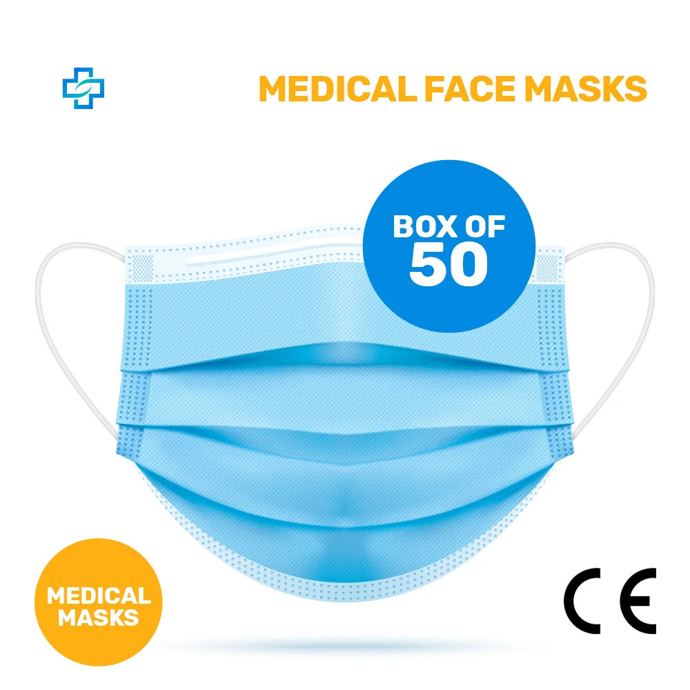 Pack of 50x BLUE MEDICAL Face Mask with CE Mark 3 ply – Medik Malta